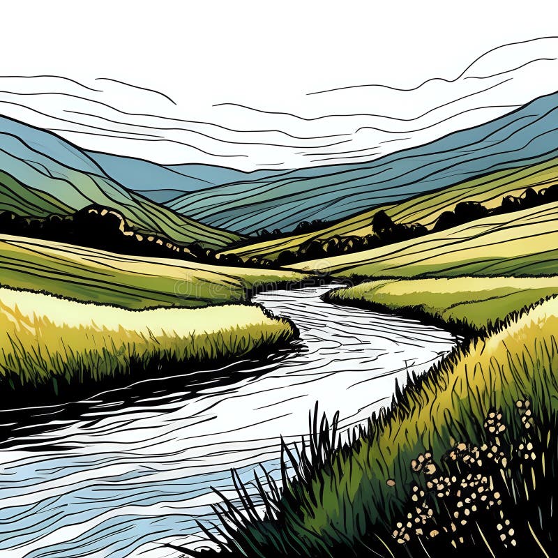 An Illustration of a River Winding through a Meadow in the Style of ...