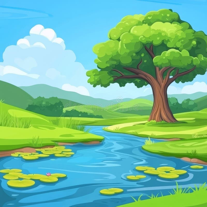 Illustration of a Riverbank Background with a Tree Stock Image - Image ...