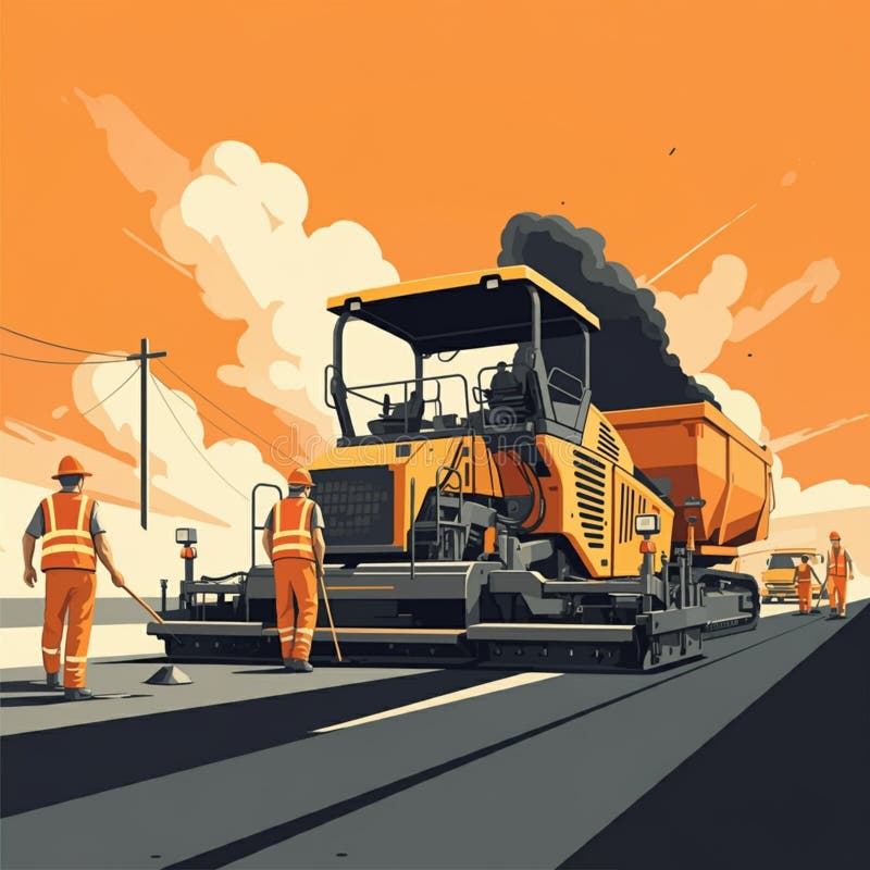 Illustration of a Road Construction Scene with Workers Using an Asphalt ...