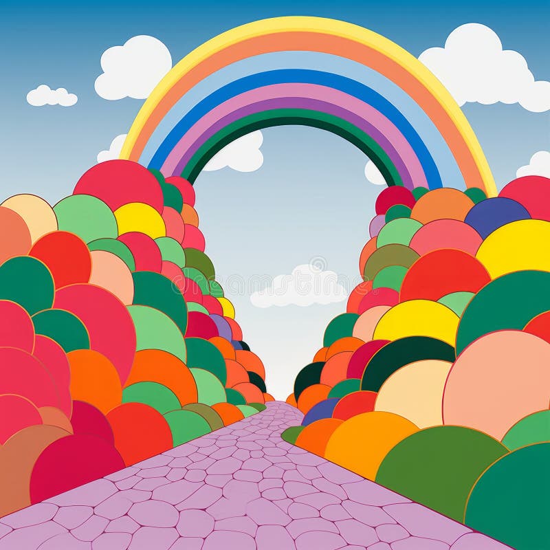 An Illustration of a Road with a Rainbow in the Sky Stock Photo - Image ...