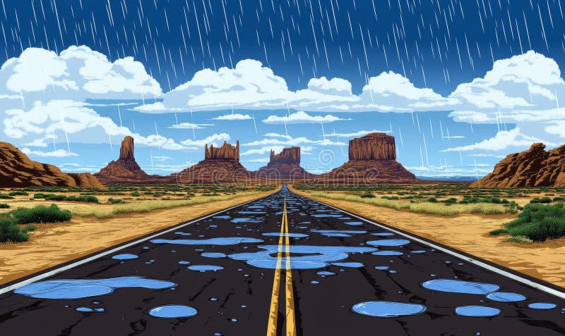 An Illustration of a Road Scene with Rain Stock Image - Image of ...