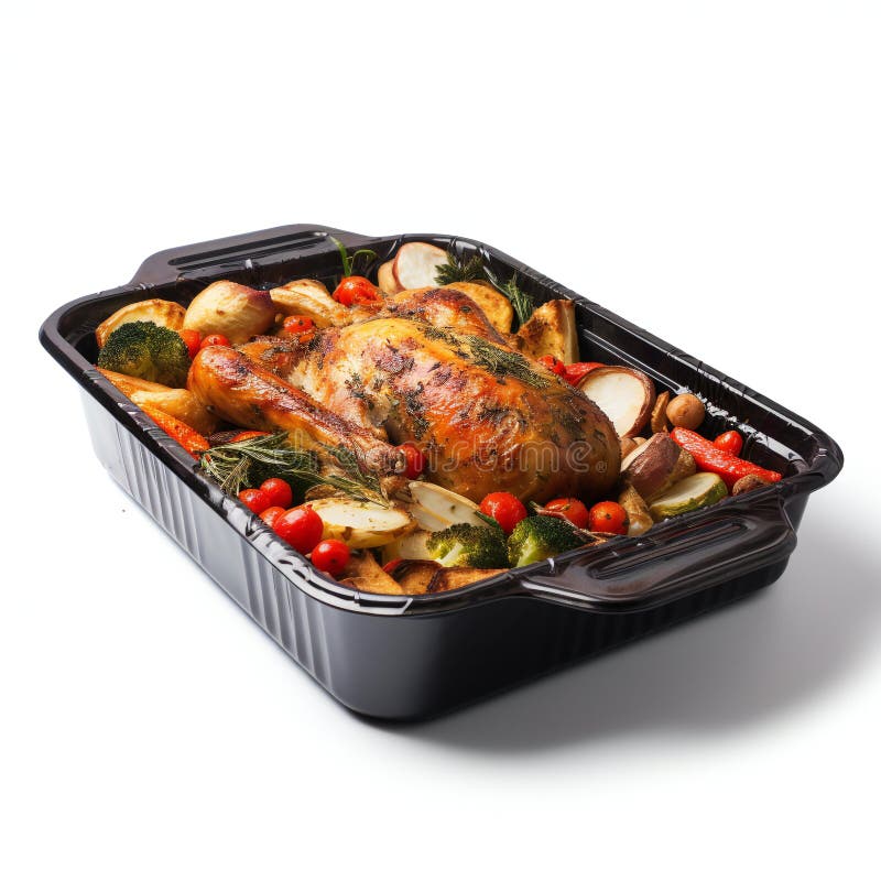 Roasted Turkey with Vegetables in a Plastic Container Isolated on White ...