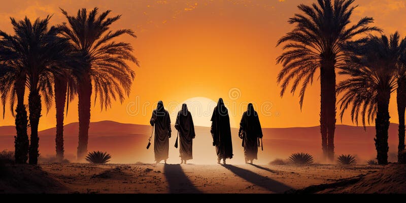 Illustration of Robed Men Walking in the Desert during Sunset Stock ...
