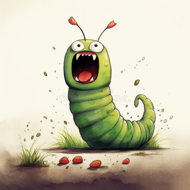Humorous Cartoon of a Green Worm in Painterly Style Stock Illustration ...