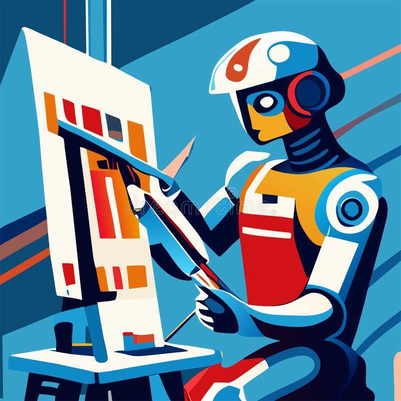 Illustration of a Robot Drawing on a Canvas. Vector Illustration Stock ...