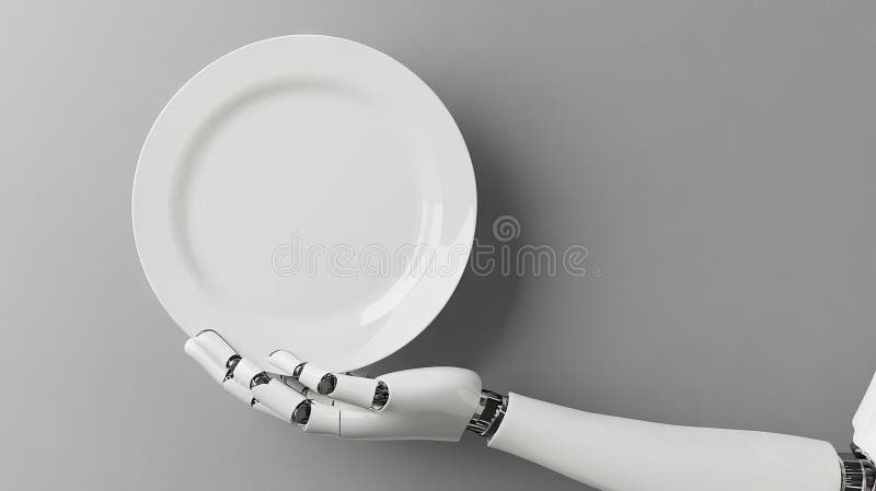 In this Illustration, a Robot Hand is Holding an Empty Plate Against a ...