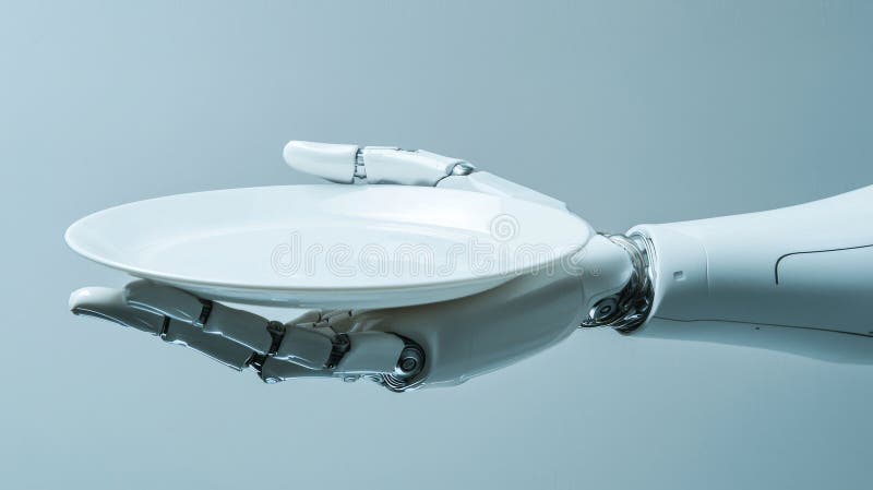 An Illustration of a Robot Hand Holding an Empty Plate with a Grey ...