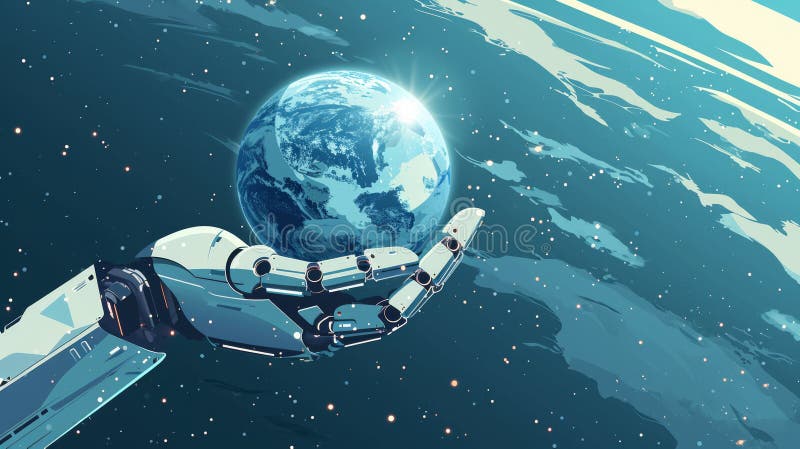 Illustration of a Robot Hand Holding a Planet Earth in Space ...