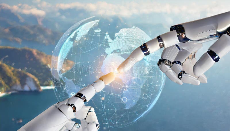 Illustration of Robot Hands Touching Digital World and Virtual Graphic ...