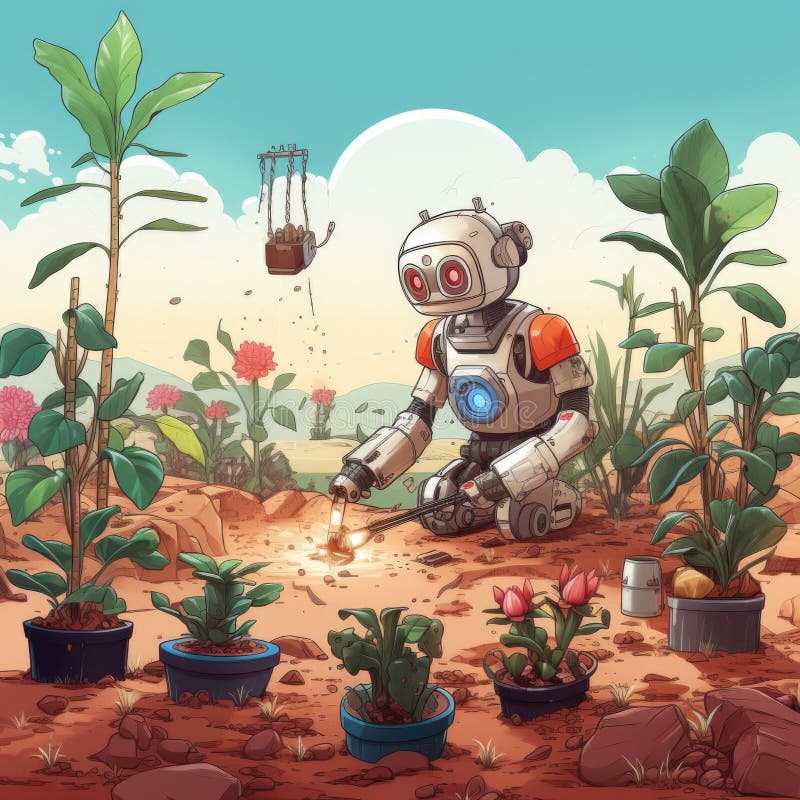 Illustration of a Robot Planting Plants Stock Illustration ...