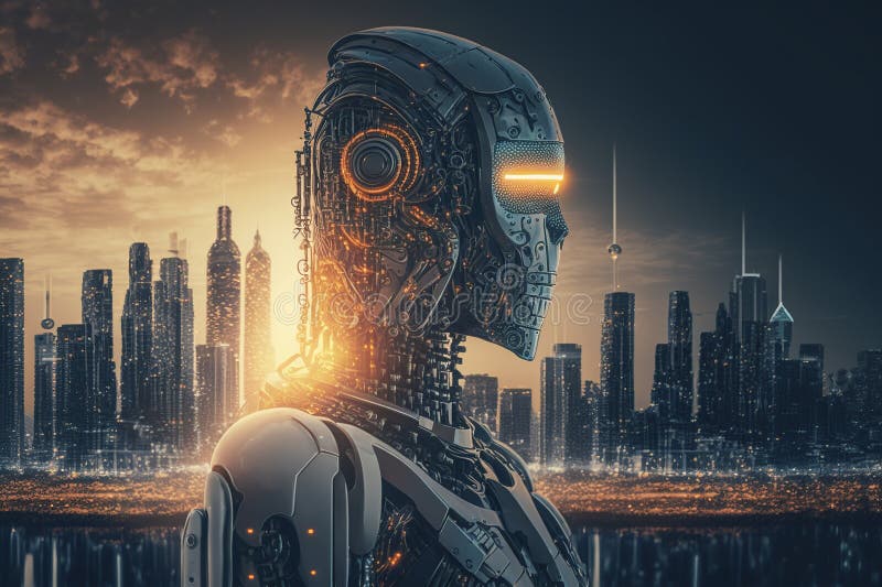 Illustration, Robot Smart City with Cityscape Background, Ai Generative ...