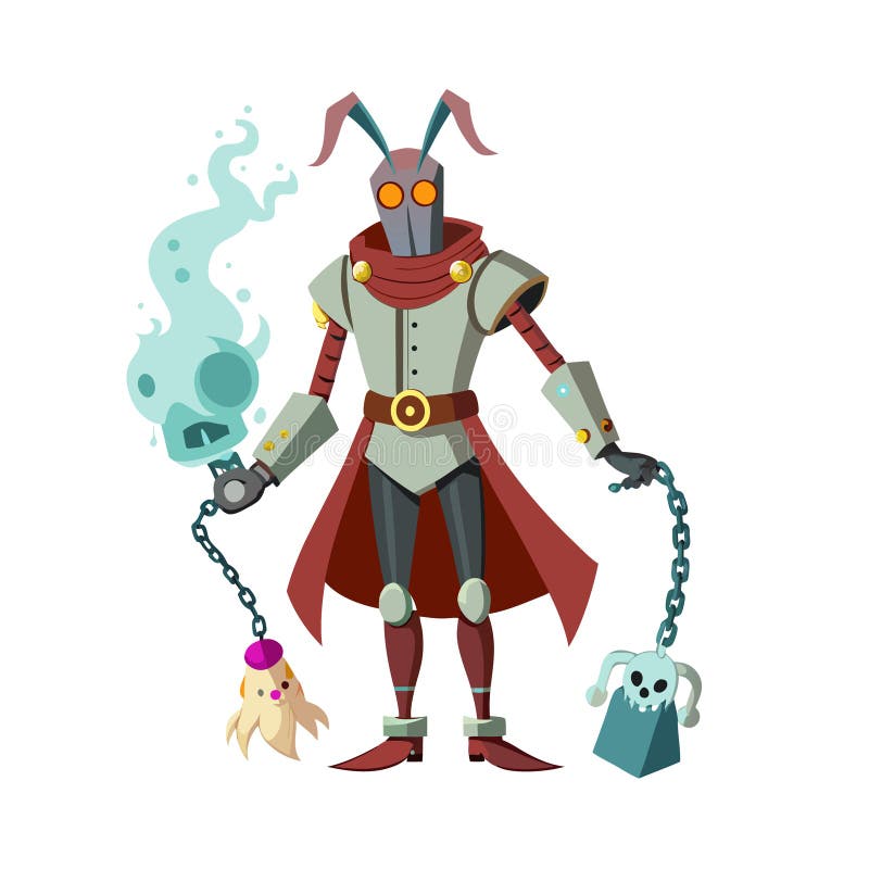 Cartoon Robot Villain with Ghosts and Chains Vector Illustration on ...