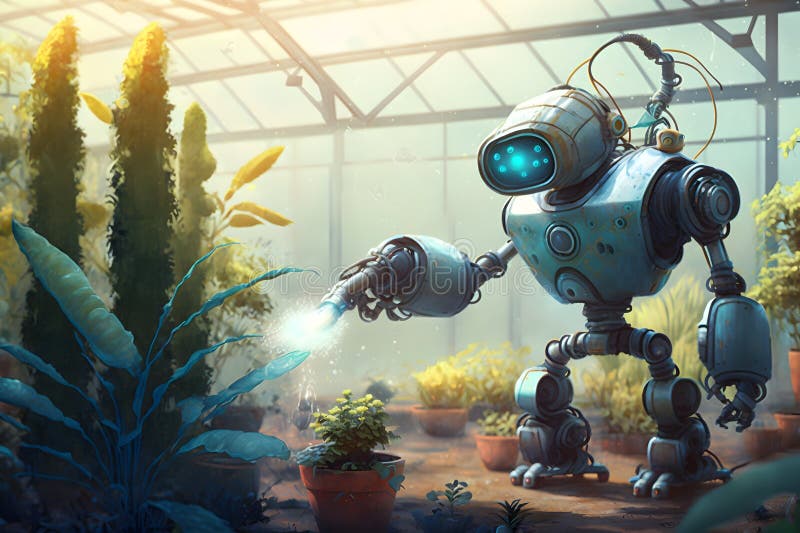 An Illustration of a Robot Watering the Plants Stock Illustration ...