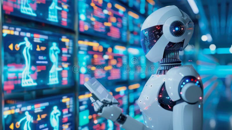 Illustration of a Robot Working in Front of a Screen Wall Stock Photo ...