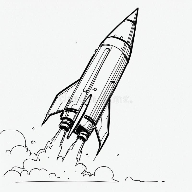 Illustration of a Rocket Launching, Depicted in a Black-and-white ...