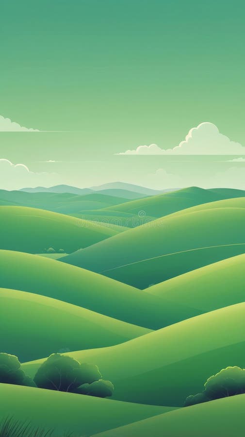 An Illustration of a Rolling Green Hillside Landscape with a Blue Sky ...