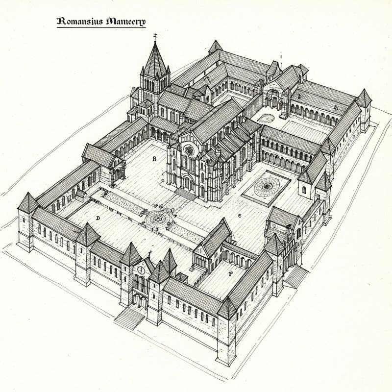 Illustration of a Romanesque Monastery Complex, Exhibiting a Detailed ...