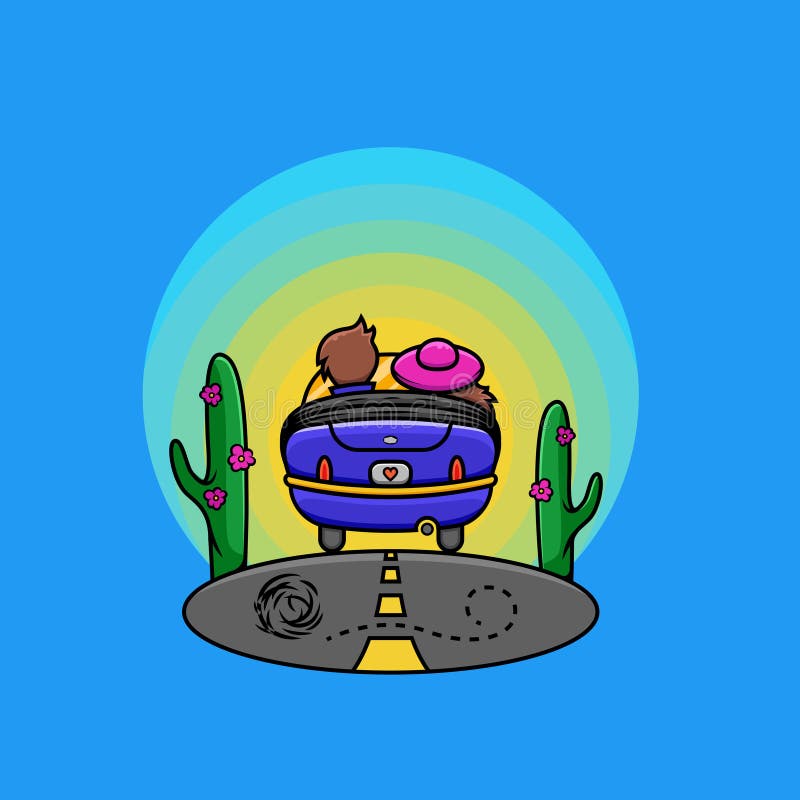 Illustration of Romantic Trip of a Young Couple in a Cabriolet. Stock Vector - Illustration of ...