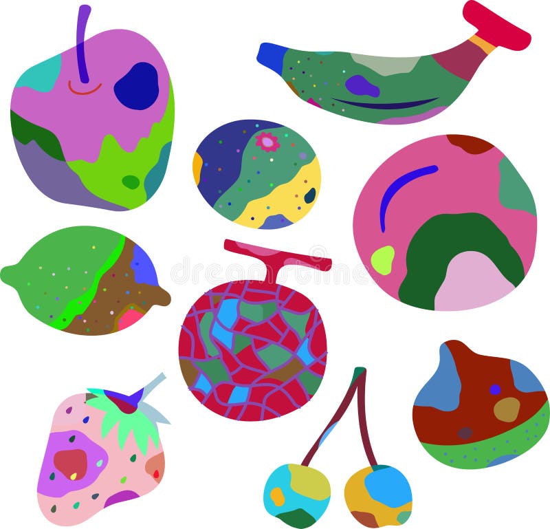 Psychedelic Color Fruit Illustration Set Stock Vector - Illustration of ...