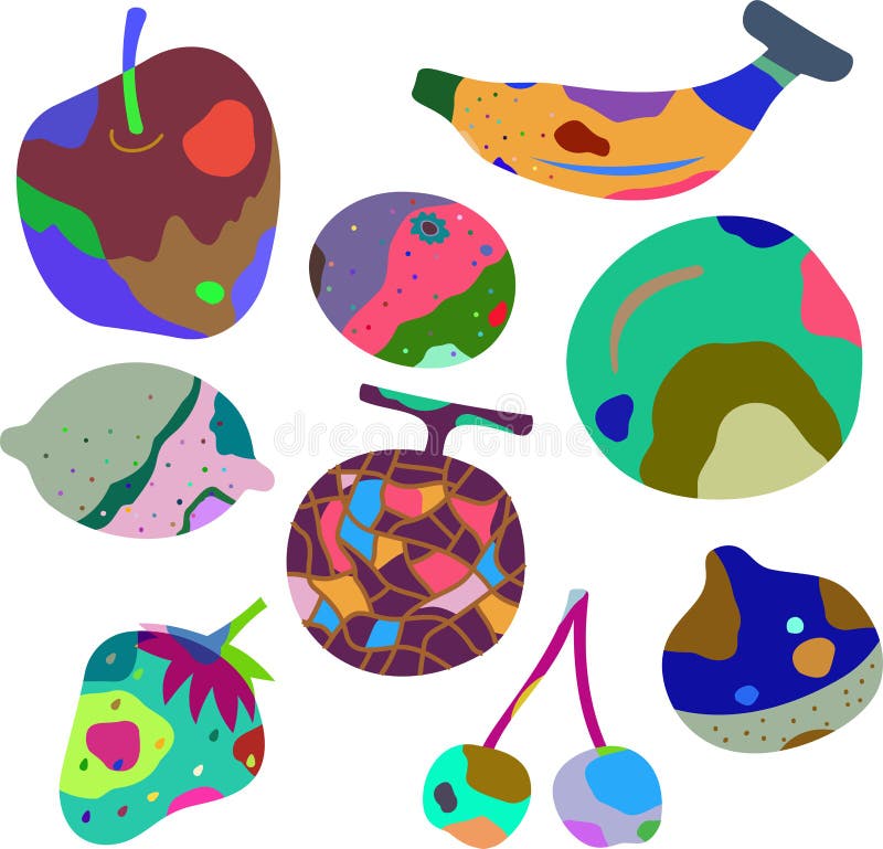 Psychedelic Color Fruit Illustration Set Stock Vector - Illustration of ...