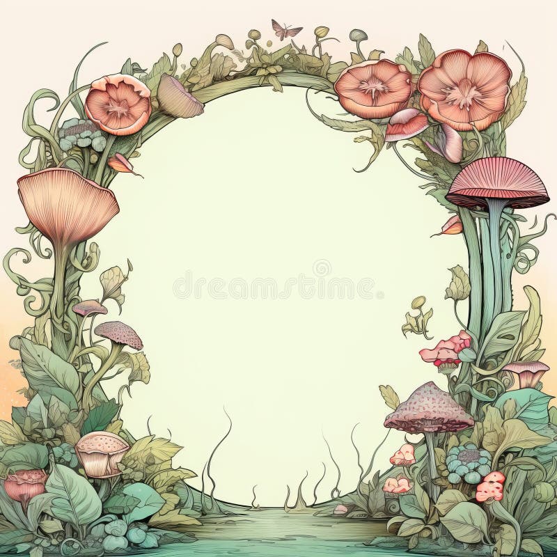 An Illustration of a Round Frame with Mushrooms and Flowers Stock ...