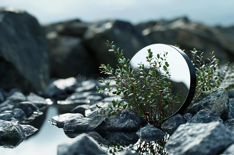 Round Mirror with Plant on the Water Surface Stock Illustration ...