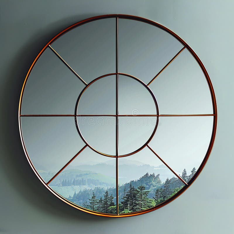 Round Window with a View of the Mountain Landscape, Rendering Stock ...