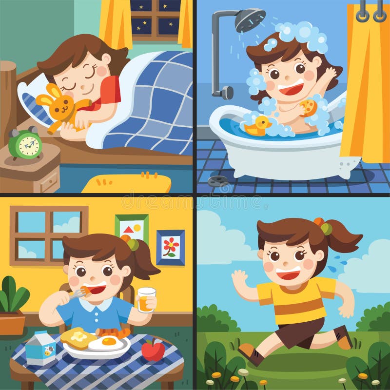 The daily Routine of a Cute Girl on a White Background. Stock Vector ...