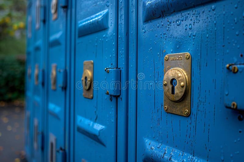 A Row of Blue School Lockers with Brass Locks, Perfect for an Interior ...