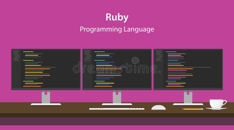 Illustration Of Ruby Programming Language Code Displayed On Three Monitor In A Row At Programmer