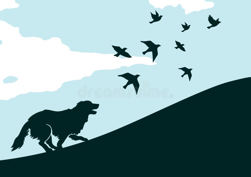 Illustration of Running Dog with Birds Stock Vector - Illustration of ...