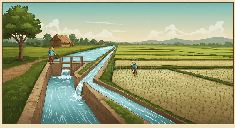 Illustration of a Rural Landscape Featuring a Complex Irrigation System ...