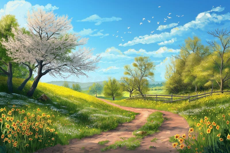 Illustration of Rural Spring Landscape Ai Illustration Stock ...