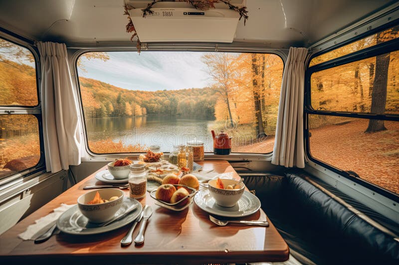 Illustration of a Rustic Fall Meal Inside a Camper Van or Rv Stock ...