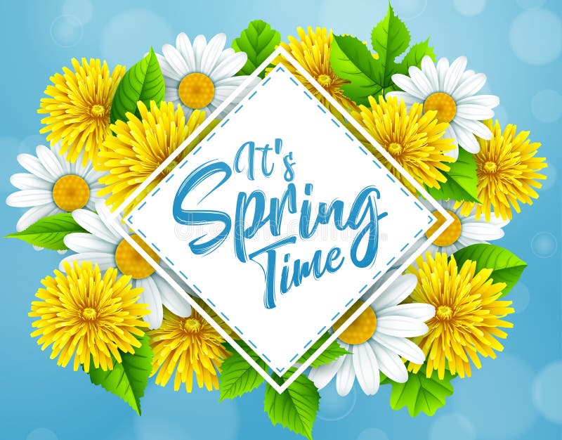 It`s Spring Time Banner with Triangle Frame and Flower on Blue Sky ...