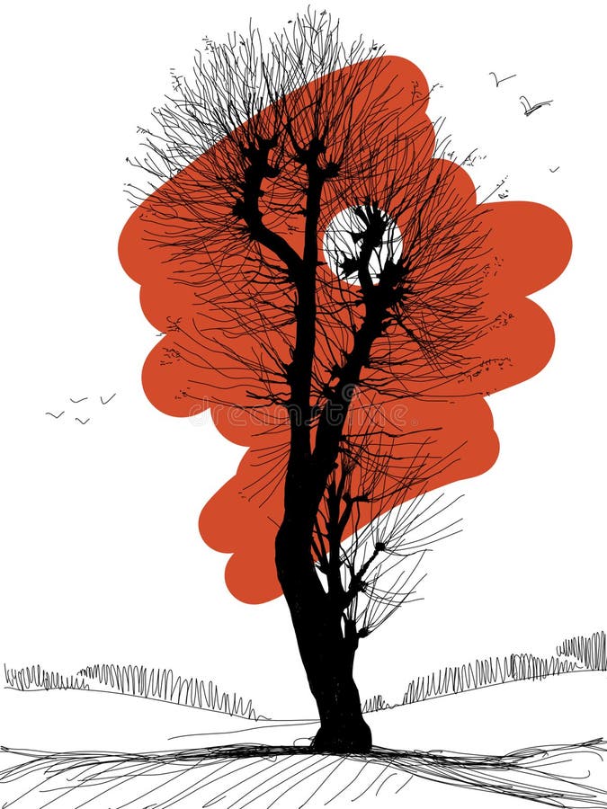 Sad, Empty Tree. Anxious Red Cloud Stock Illustration - Illustration of ...