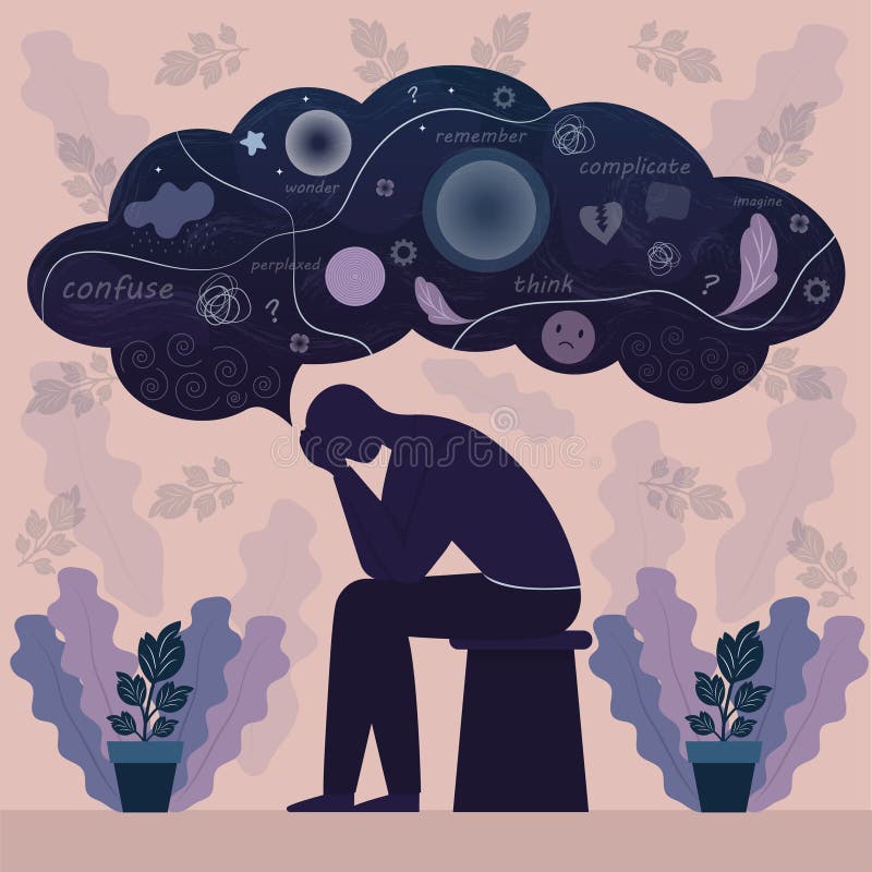 An Illustration of a Sad Man in His Thoughts Flat Design Stock Vector ...