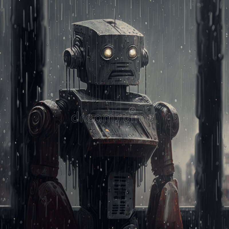 An Illustration of a Sad Robot Standing in the Rain. Created with ...