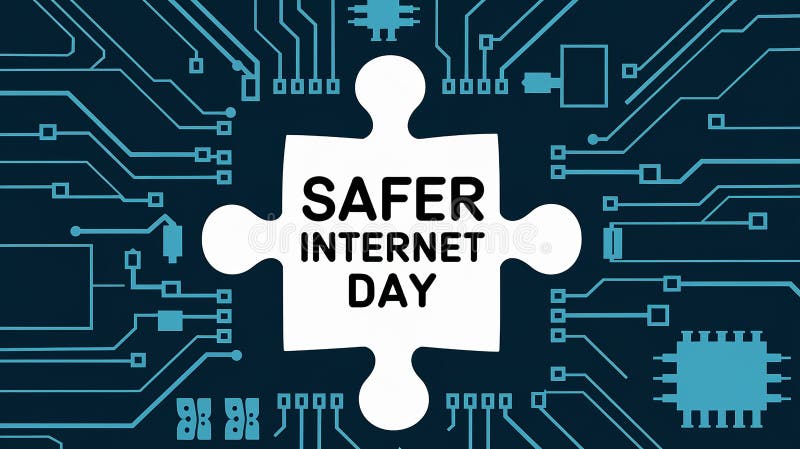 Illustration of Safer Internet Day Puzzle and Digital Circuit Background, Generative Ai Stock ...