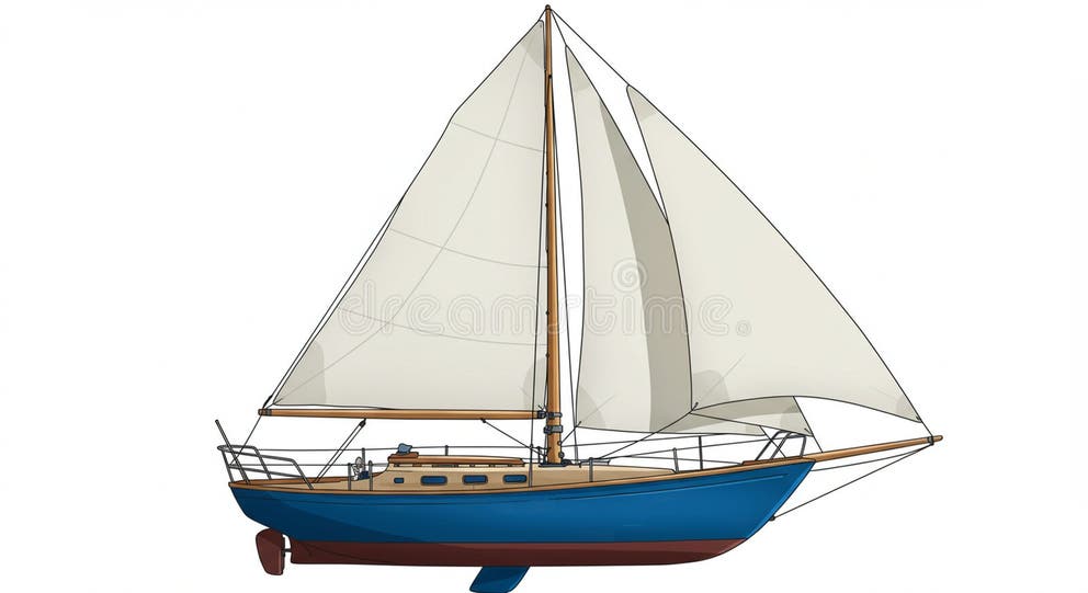 Llustration of a Sailboat with a Blue Hull and White Sails. Features ...