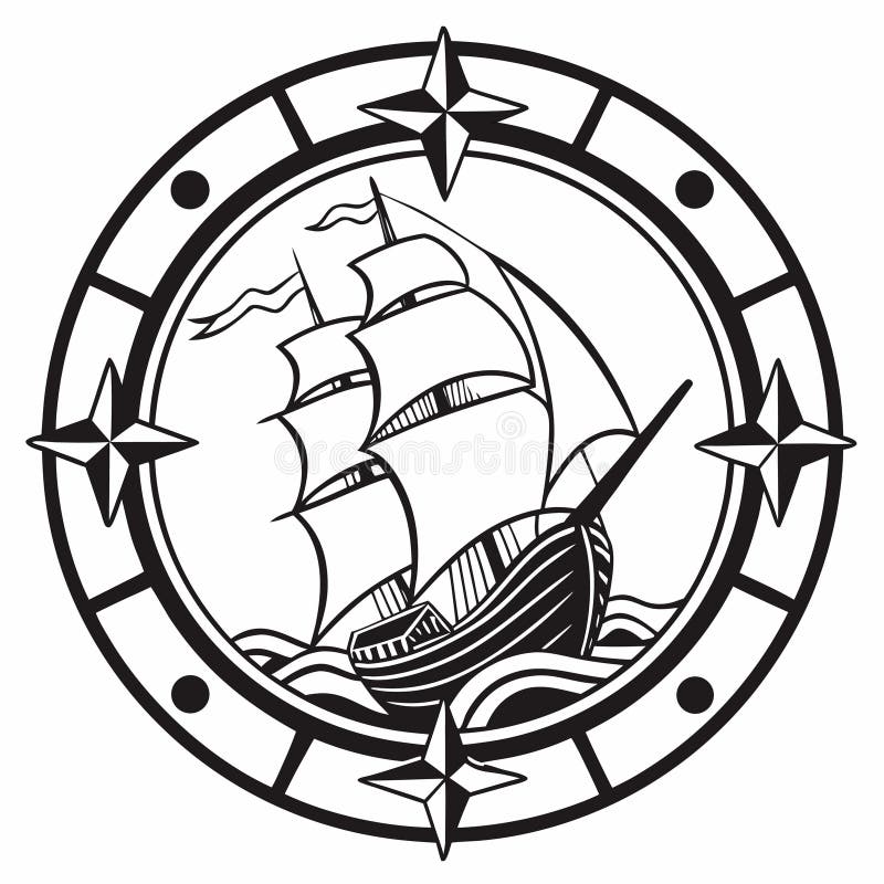 Illustration of a Sailing Ship Inside a Compass Rose Stock Vector - Illustration of water ...