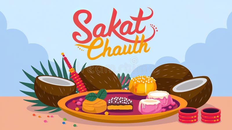 Illustration of Sakat Chauth Offering Plate with Sweets, Coconuts, Lamp ...