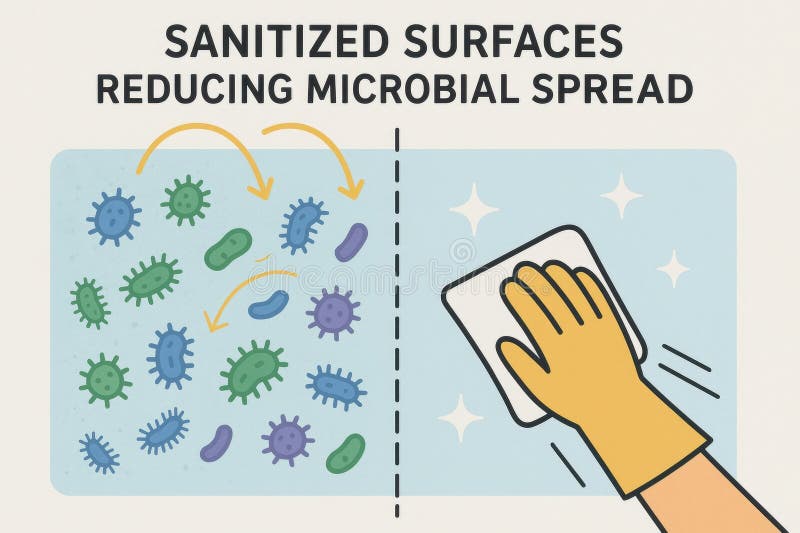 Illustration of Sanitized Surfaces Reducing Microbial Spread Stock ...