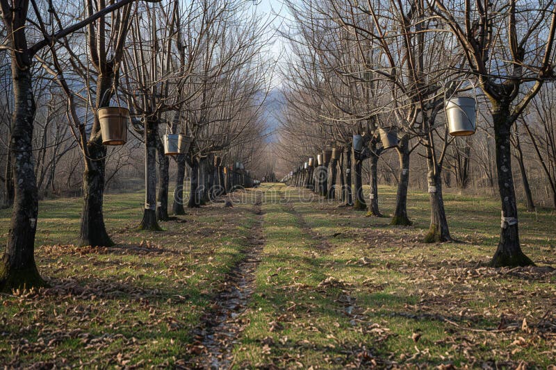 Sap Trees in a Maple Syrup Forest with Metal Buckets Hanging from the ...