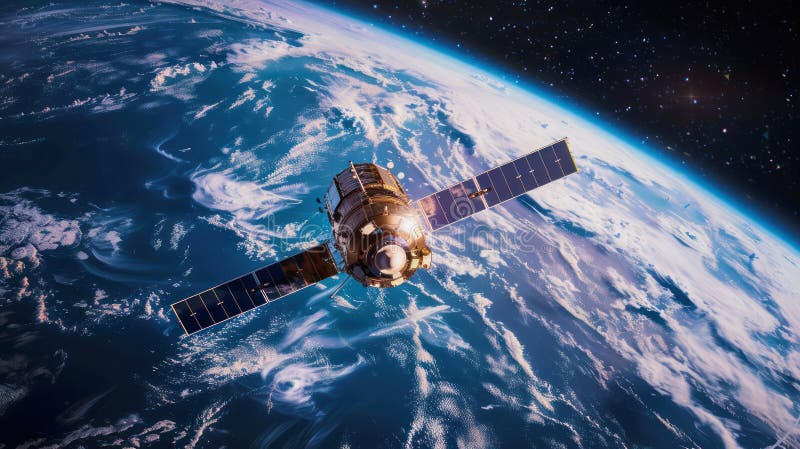 Illustration of a Satellite in Orbit Floating Over Planet Earth Seen ...