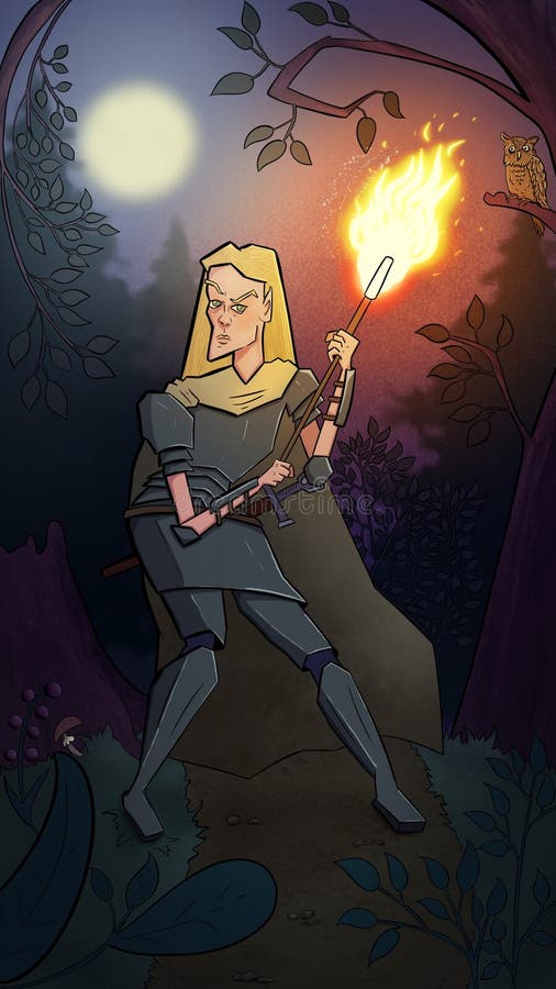 Illustration of a Scared Elf with a Burning Torch in a Dark Forest ...