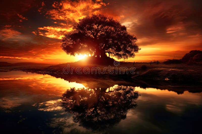 Illustration of the Scene with the Tree at Sunset and Reflections in ...