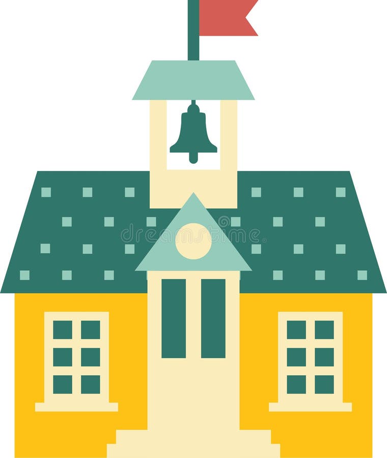 Illustration School Building with Flag, Bell, Clock in Flat Style Stock ...