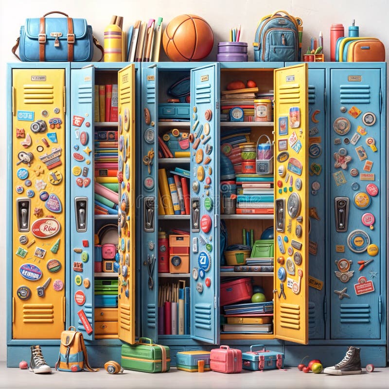Illustration of School or High School Lockers Full of Books and Objects ...