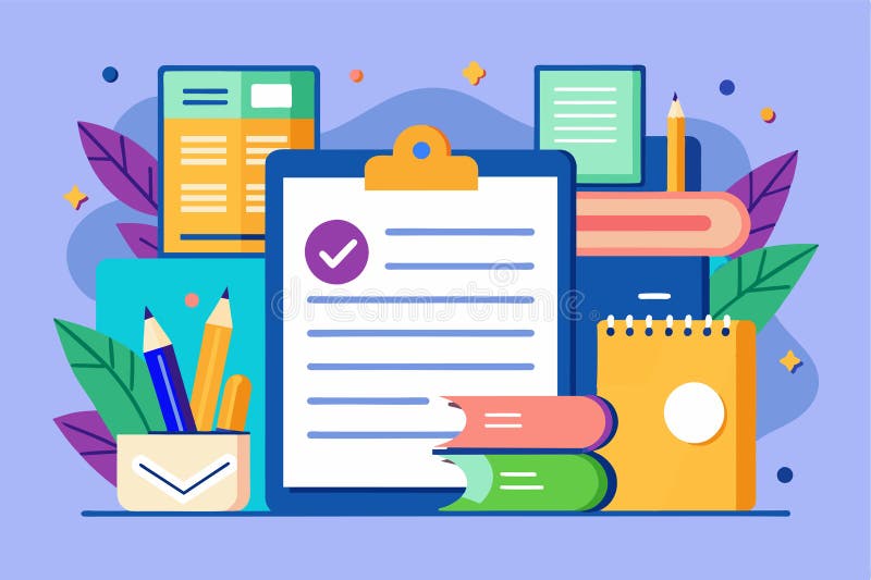 Illustration of School Supplies: Clipboard with Checklist, Pencil ...